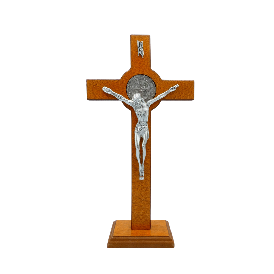 Cherry Wood Colored St. Benedict Standing Crucifix – Triumph of Love